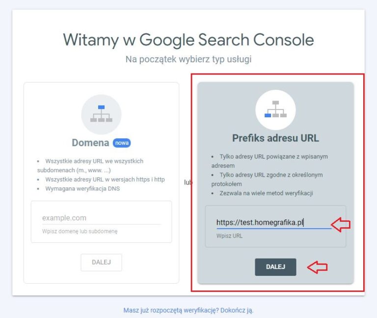 Wybierz typ usługi Prefiks adresu URL, następnie wpisz w tym oknie adres URL (domenę) swojego ...